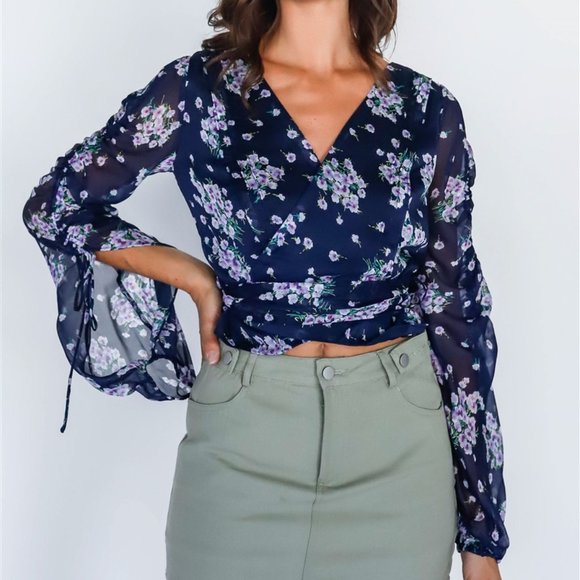 Tops | Navy Multi Color Floral Print Ruched Detail Sleeve Wrap Top ...